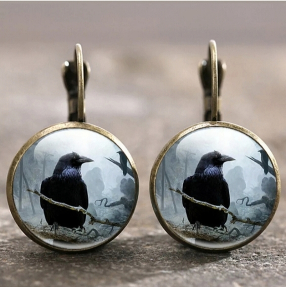 Jewelry | New Black Raven Glass Cabochon Bronze Lever Back Earrings ...